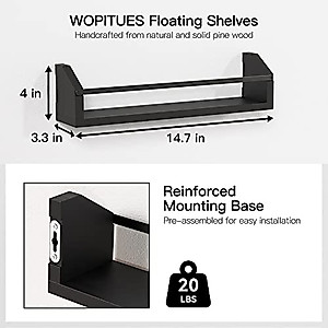 WOPITUES Floating Shelves with Protective Metal Rail, Small Bathroom Shelves Set of 4, Spice Rack Wall Mount, Wood Shelves for Kitchen, Living Room, Bedroom, Nursery Book- Modern Black