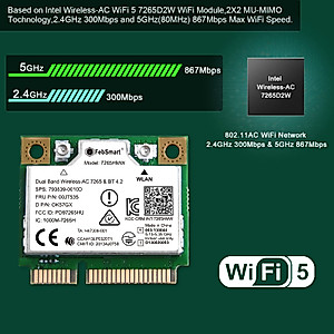 FebSmart Mini PCIE WiFi Adapter with WiFi Stereo Adapter, Wireless-AC 1200Mbps (2.4GHz 300Mbps or 5G 867Mbps), for Windows 7, 8.1, 10, 11(32/64bit) & Linux 4.2+, Wireless-AC 7265HMW