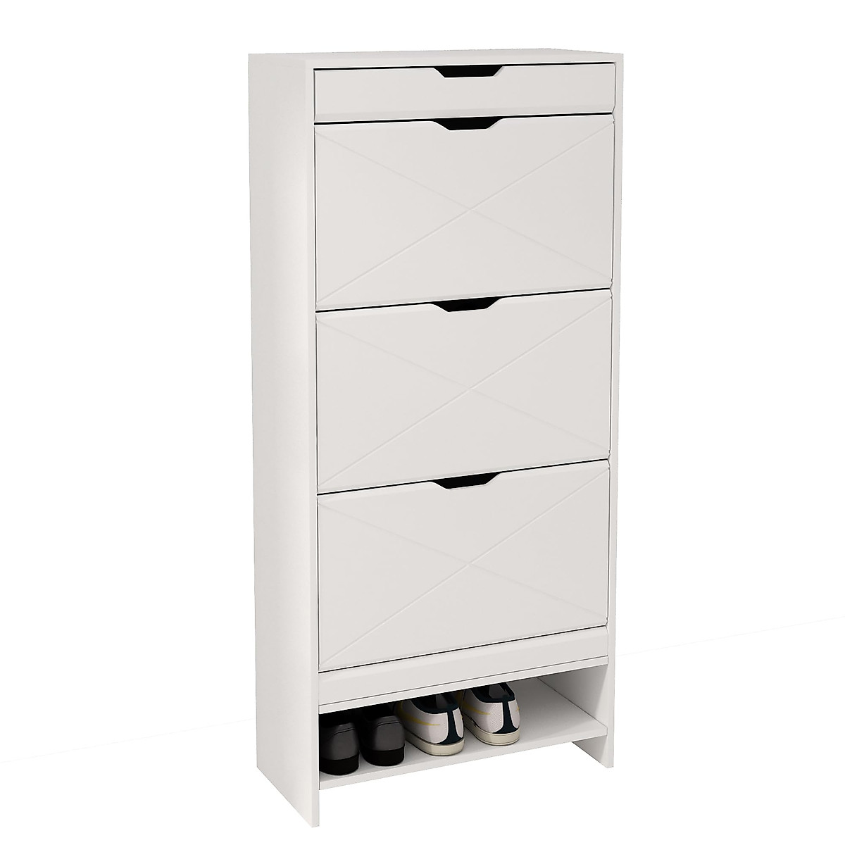 HESIEU Modern Wooden 3 Tier Tumble Shoe Cabinet Storage Cabinet White Finish with 1 Drawer and 1 Bottom Storage Suitable for Hallway, Entryway, Bedroom, Closet