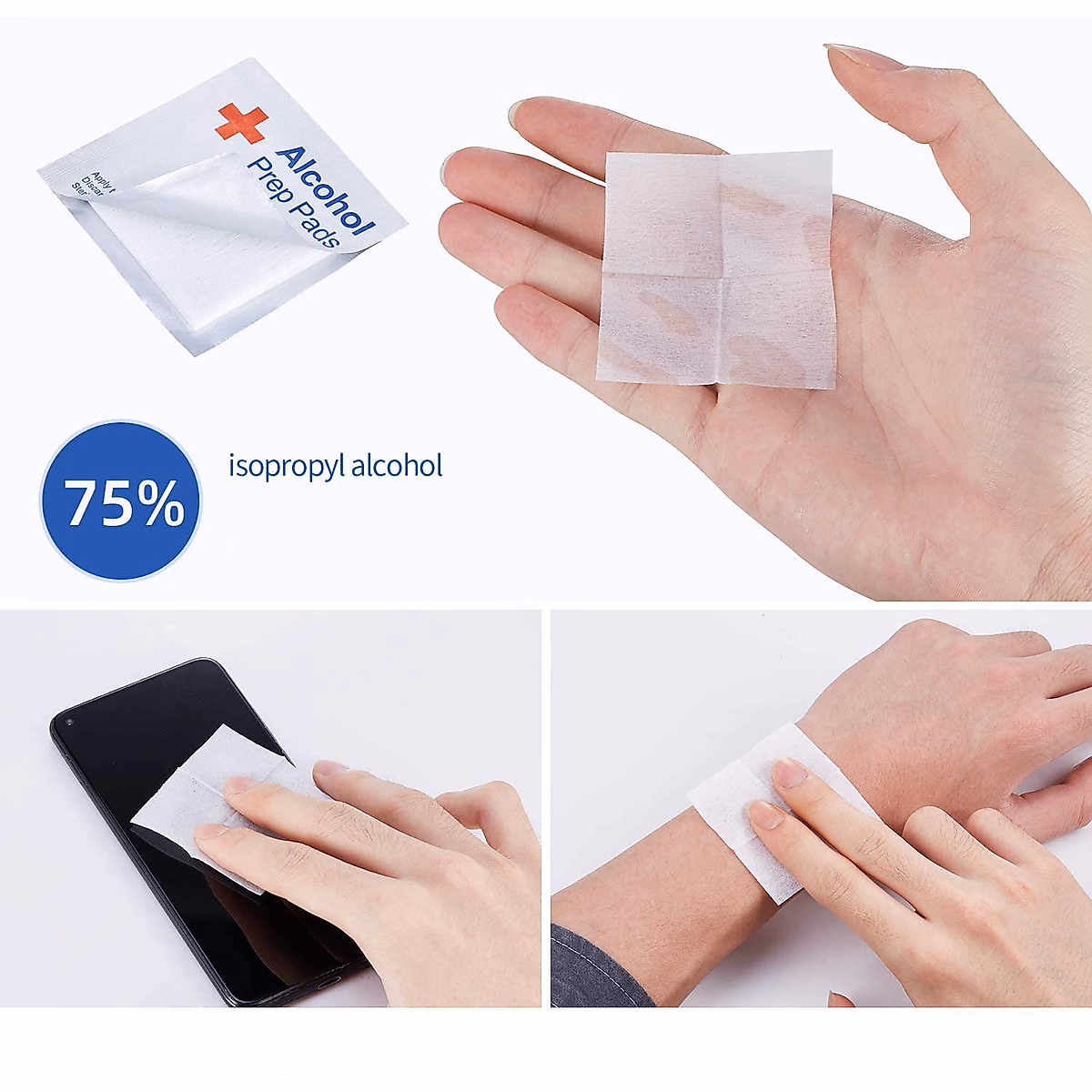 Alcohol Prep Pads, 75% Alcohol Cotton Slices, 100 Pcs Alcohol Gauze Pads Individually Wrapped Swap Pad Wet Wipe, 6 x 6cm/2.36in x 2.36in