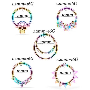 Vsnnsns 16G Septum Rings Piercing Jewelry Skull Septum Jewelry CZ Clicker Ring Stainless Steel flower Septum Hinged Segment Nose Rings Hoop Piercing Jewelry for Men Women 10mm 5pcs Rainbow