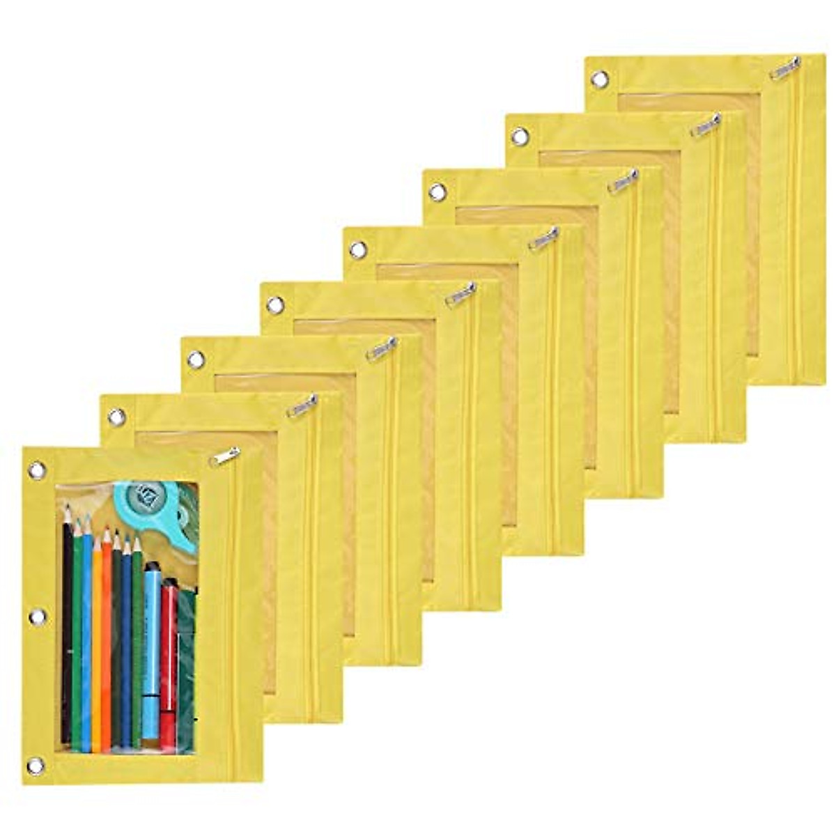 Zippered Pen Pencil Binder Pouch 3 Rings with Clear Window for School Classroom Organizers 8 Pcs (Yellow)