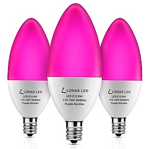 LOHAS Purple Candelabra Light Bulbs E12, 6W Purple LED Bulb 60 Watt Equivalent, B10 Chandelier Candle Bulbs, Type B Ceiling Fan Bulbs, Non-Dimmable, Christmas Decoration for Home, 3 Pack