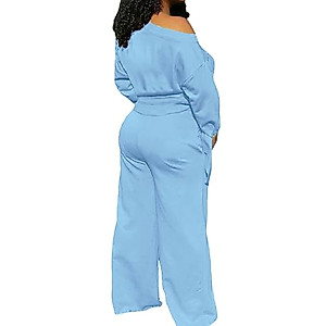 sexycherry Two Piece Sets for Women Sexy Light Blue One Off Shoulder Long Tie Knot Sleeve Wide Leg Long Sweatpants Sweatsuits with Pockets (X-Large)