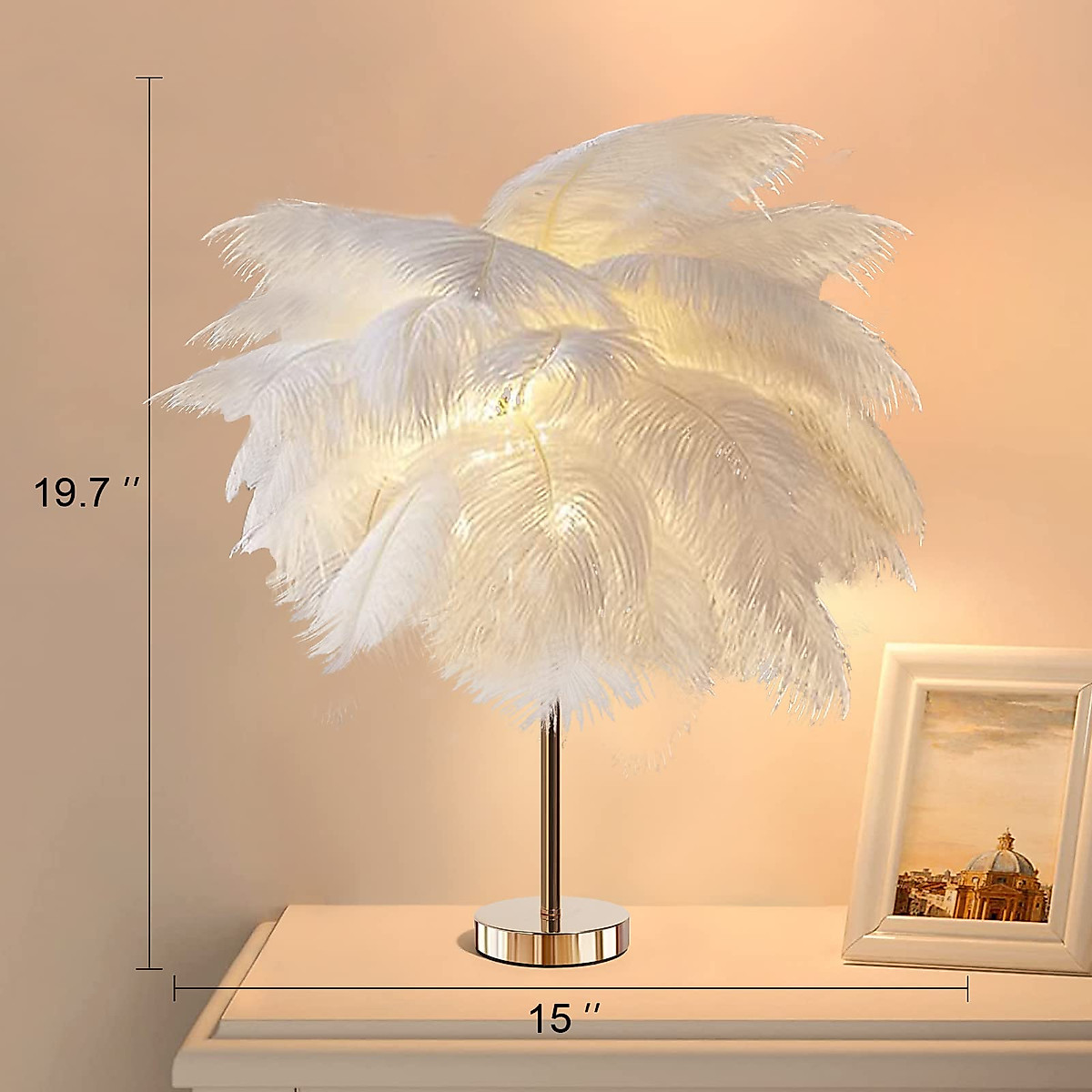 Ruconla Ostrich Feather Table Lamp with Plug in Wire, Modern Feather Lamp 5-Light Bedside Table Lamp, Golden Lamp Body for Bedroom Nightstand Lamp Desk Night Light (White)