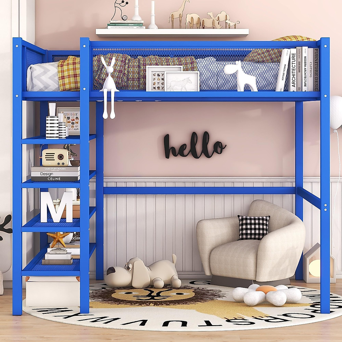 Bellemave Full Size Metal Loft Bed with 4-Tier Shelves and Storage, Loft Bed with Bookshelf (Blue)
