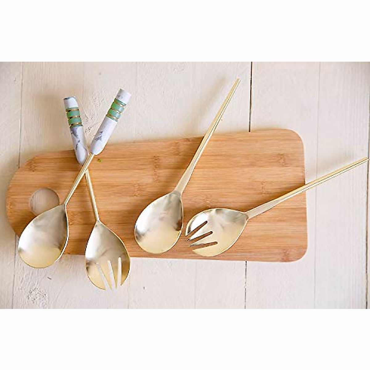 Folkulture Serving Utensils for Modern Serving and Cooking, Stainless Steel Kitchen Salad Servers or Salad Tongs, 12-Inch Serving Spoon and Fork Set for Salad, Gravies or Pasta, Gold/Brass Finish