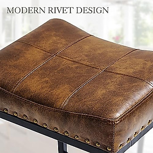 LUE BONA Counter Height Bar Stools 24" Square Saddle Barstools Set of 4, Modern Backless Faux Leather Counter Stool with Black Metal Legs for Kitchen Island Counter, Home Bar, Bistro, Yellowish Brown