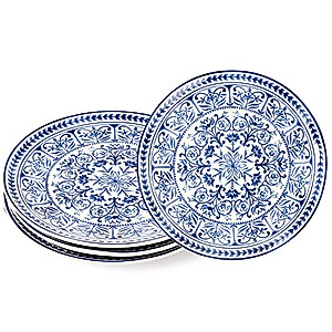 Sonemone 8.75 Inch Marrakesh Tile Floral Salad Plates, Blue Ceramic Plates Set of 4, for Salad, Pasta, Pancakes, Steak, Microwave & Dishwasher Safe
