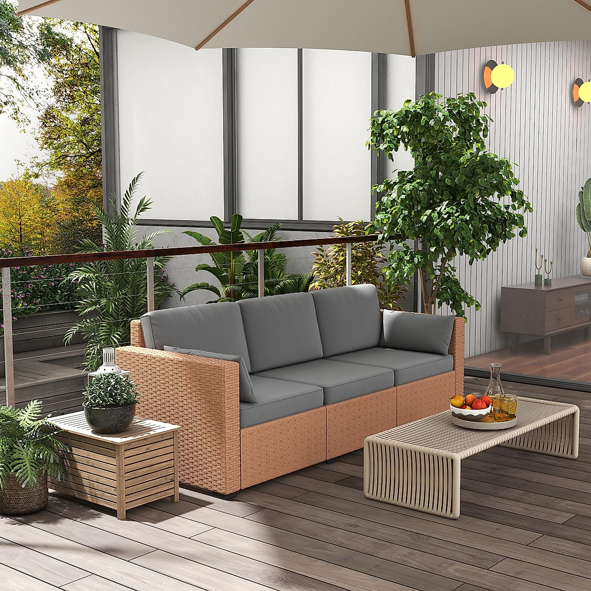 Outsunny Wicker Patio Couch, PE Rattan 3-Seat Sofa, Outdoor Furniture with Deep Seating, Cushions, Steel Frame, Sand