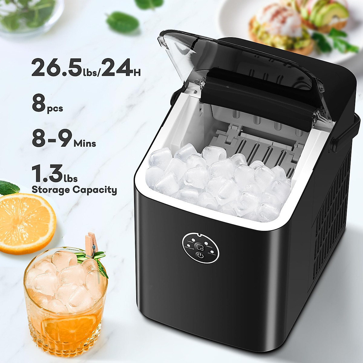 ZAFRO Countertop Ice Makers,Ice Maker Machine 8 Bullet Ice of 2 Sizes in 9 Mins, 26.5lbs/24H, Portable Ice Maker Self-Cleaning,with Scoop,Handle and Basket,Black