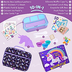 QQKO Bento Box for Kids with Insulated Lunch Bag, Kids Toddler Lunch Box Containers for Girls, School Unicorn lunch Box Set with 4 Compartments, Ice Packs, Utensils, Sauce Container, Muffin Cups