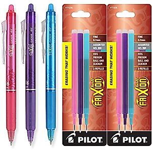 Pilot FriXion Clicker Retractable Erasable Gel Ink Pens, Fine Point, 0.7mm, Assorted Fashion Ink, Pack of 3 with Bonus 2 Packs of Refills