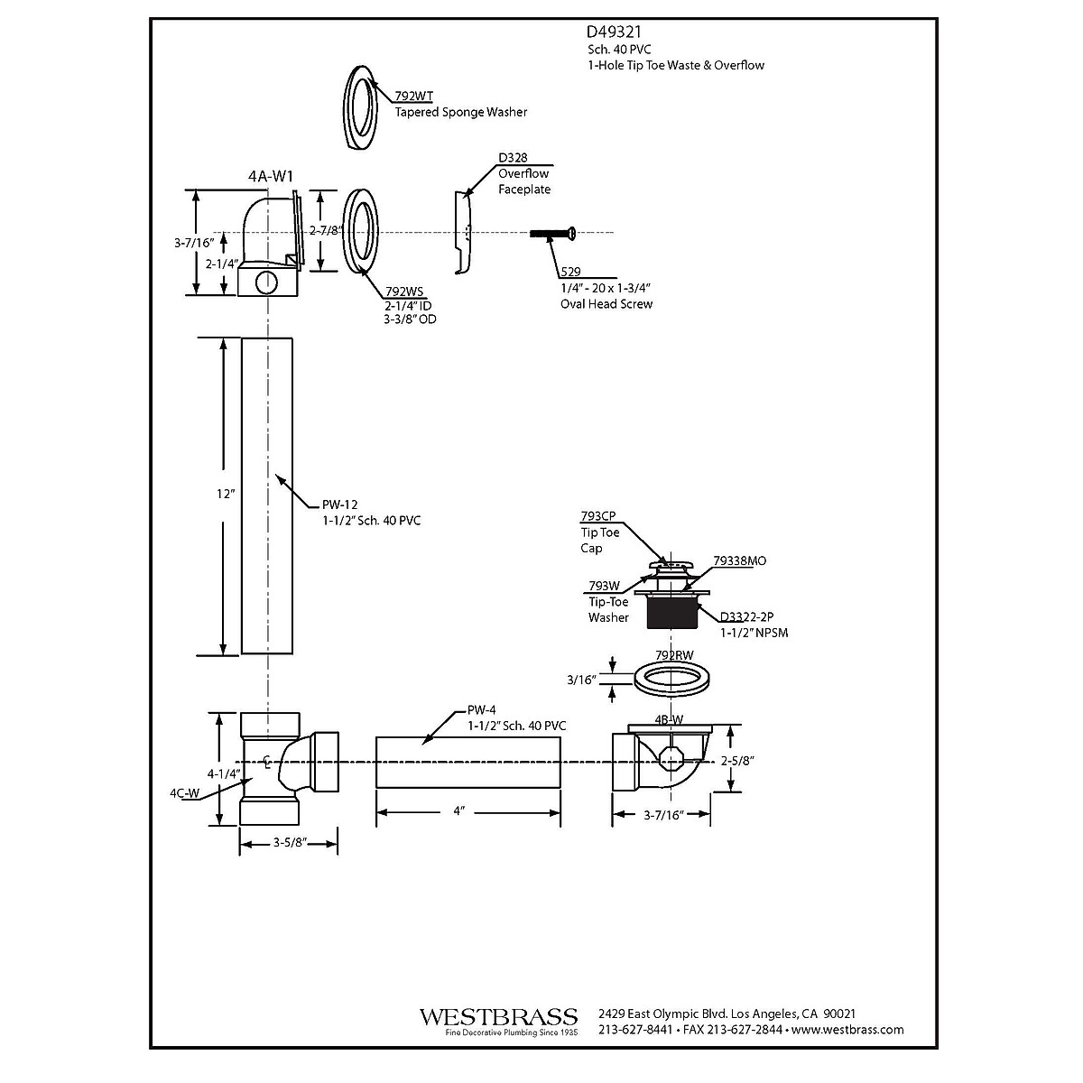 Westbrass Tip-Toe Sch. 40 PVC Bath Waste with One-Hole Elbow, Stainless Steel, D49321-20