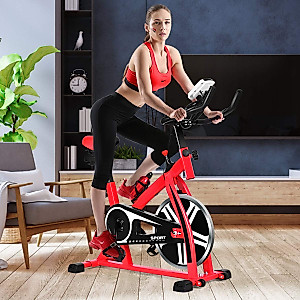 GYMAX Indoor Exercise Bike, Stationary Cycling Bike with Adjustable Resistance & LCD Monitor, Portable Wheels for Easy Transportation, Cardio Workout Training Bike