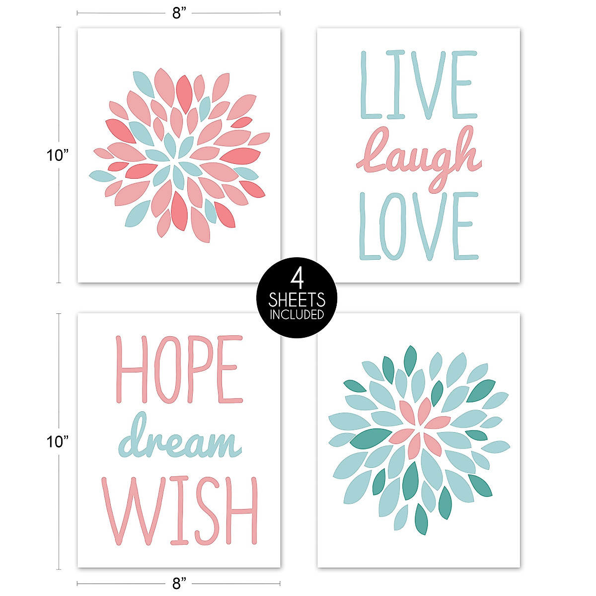 Sweet Jojo Designs Turquoise and Coral Floral Wall Art Prints Room Decor for Baby, Nursery, and Kids for Emma Collection - Set of 4 - Live Laugh Love