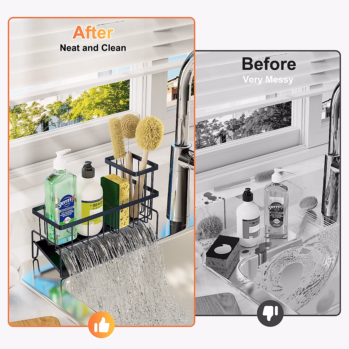 Juseisin Kitchen Sink Caddy Organizer, Upgrade Faucet Sponge Rack for Sinks, Bottle Brush Holder and Organizers Storage with Dish Soap, Auto Draining Tray, Rustproof Adjustable Organizadores