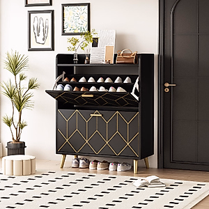 Shoe Cabinet Storage with 2 Flip Drawers, Narrow Organizer with Metal Legs, Freestanding Shoe Rack for Entryway Living Room, Black