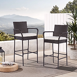 PayLessHere 30" Patio Bar Stools Set of 2 Wicker Outdoor Bar Chairs Rattan Chairs All-Weather Patio Furniture with Footrest Armrest and Khaki Cushion for Garden Pool Lawn Backyard, Brown