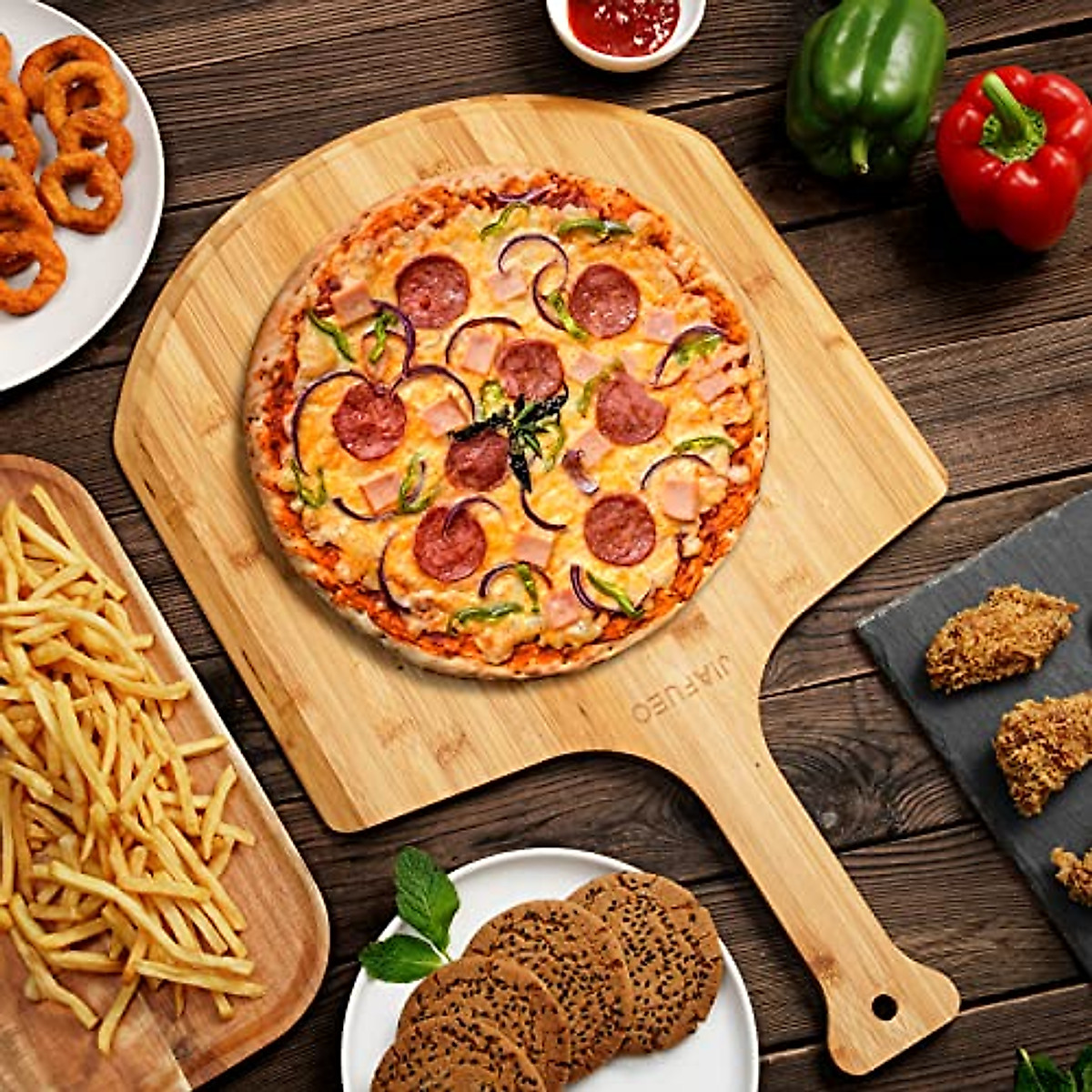 JIAFUEO Bamboo Pizza Peel 15 inch Wide, Large Wooden Pizza Spatula Paddle Pizza Cutting Board with Comfy Handle for Home Pizzeria Bakery Baking Pizza Bread Cutting Fruit