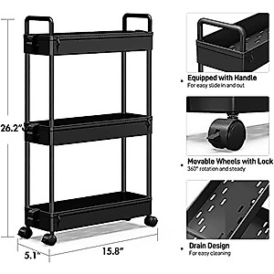 SOLEJAZZ Slim Storage Cart, 3 Tier Bathroom Cart Organizer Mobile Shelving Unit Rolling Utility Cart, Slide Out Organizer for Kitchen, Bathroom, Laundry, Narrow Places, Black