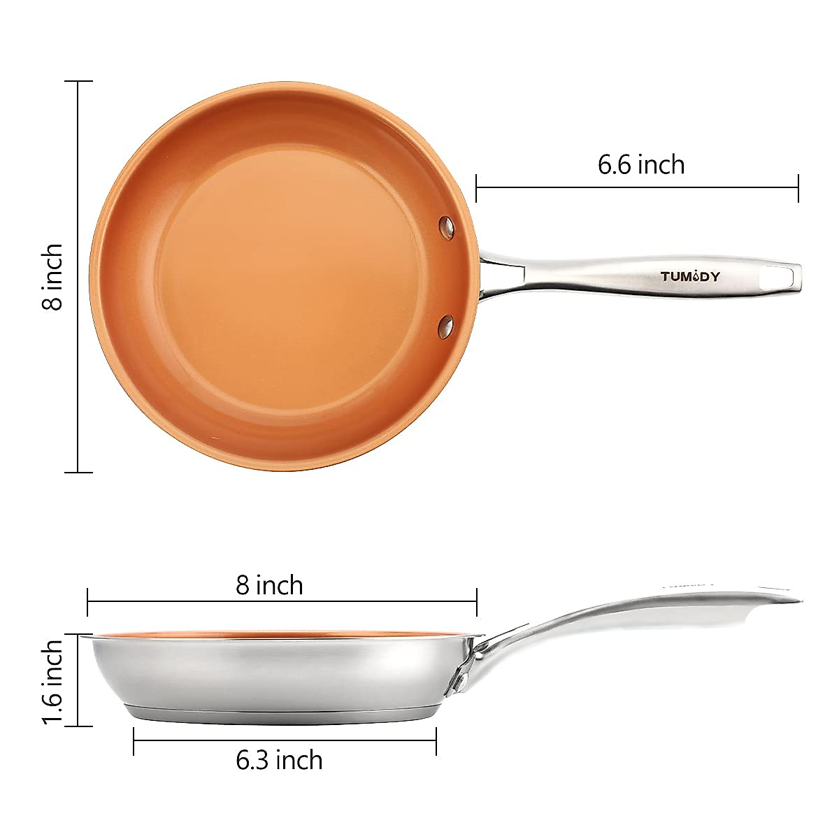 TUMIDY 8 Inch Frying Pan Nonstick Skillet with Ceramic Coating Oven Safe Stainless Steel Induction Fry Pan Include Silicone Spatula