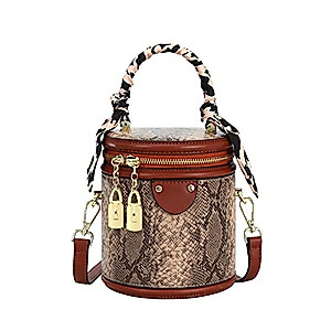 Sweetovo Women Vintage Bucket Handbag Snake Printed Faux Leather Hobo Crossbody Shoulder Bag with Double Metal Zipper