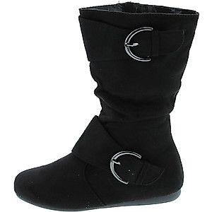 Link Klein-70K Girl's Kid's Faux Suede Two Buckle Zipper Flat Heel Mid Calf Slouchy Boot Shoes,Black,2