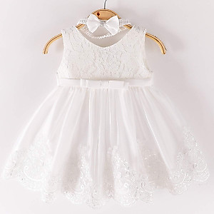 HOIZOSG Baby Christening Dress Lace Pageant Baptism Wedding Formal Bowknot Birthday Party Tutu Flower Girls Dress w/Headwear, White, 3-6M