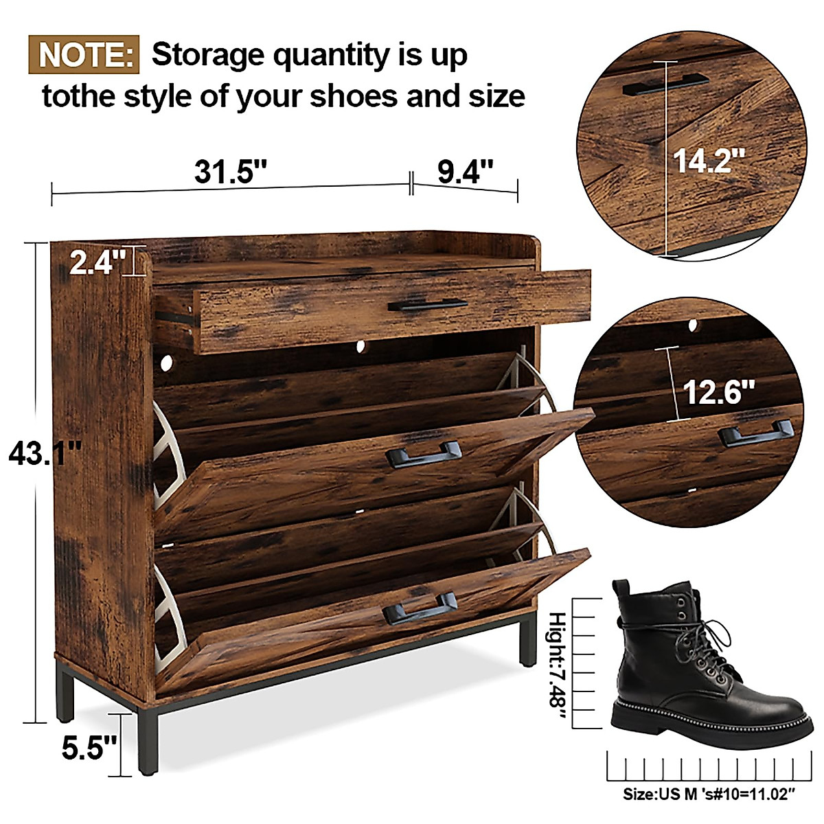 Hooseng Shoe Cabinet, Wooden Shoes Rack Shoe Storage Cabinet with 2 Flip Drawers & 1 Small Drawer Small Shoe Rack Organizer Freestanding Tipping Bucket Shoe Rack for Entryway, Hallway, Rustic Brown