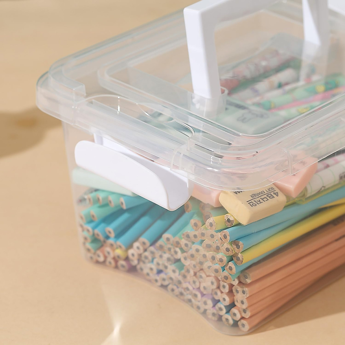 Gagee 6 Pack 3.5 Qt Storage Bins with Lids and Latching Buckles,Stackable Plastic Storage Containers with Lids for Home, Office and School Supplies,Clear,Small