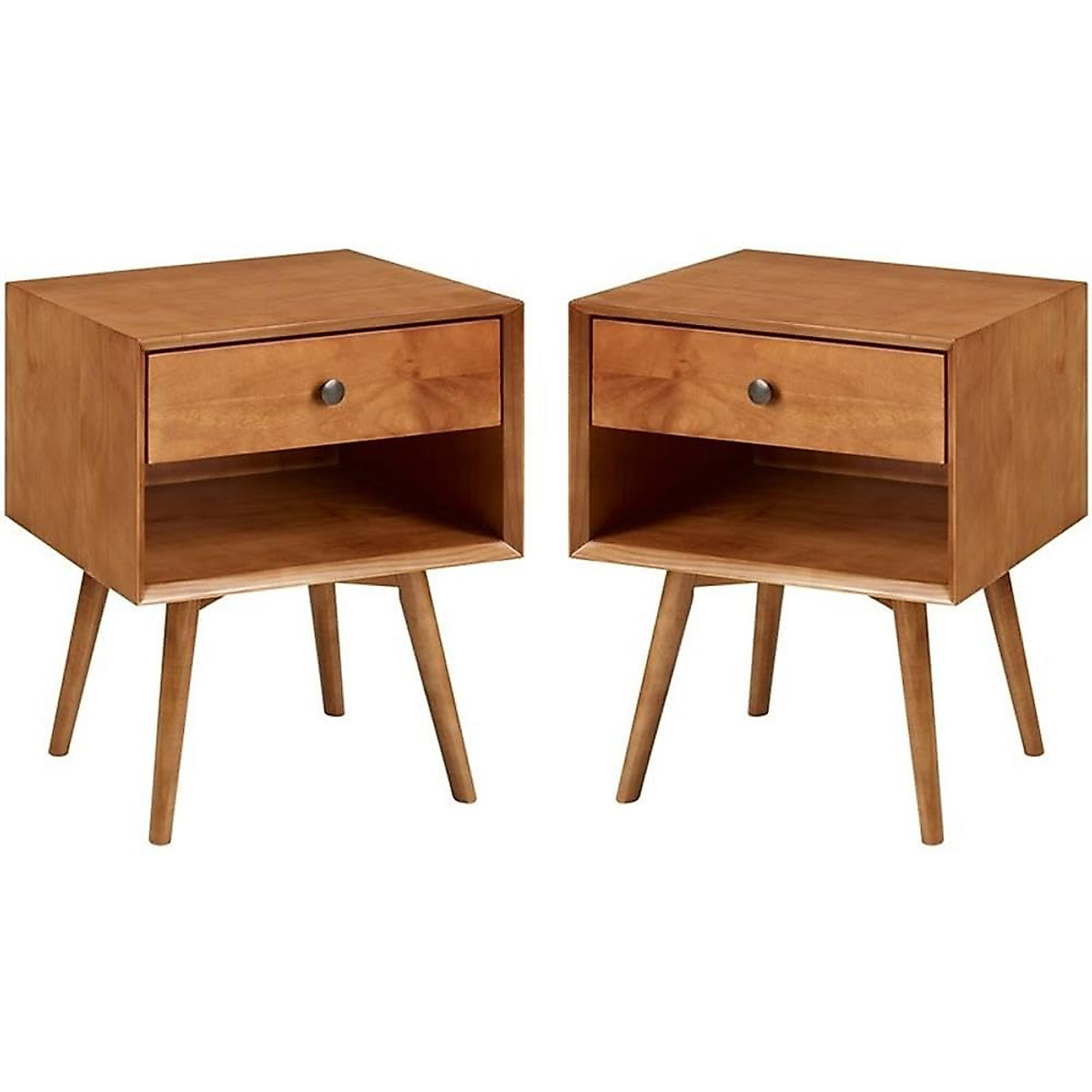 Walker Edison Ella Mid-Century Modern 2-Piece 1-Drawer Solid Wood Nightstand Set, 2 Pack, Caramel