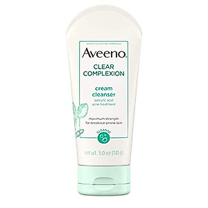 Aveeno Clear Complexion Cream Facial Cleanser with Salicylic Acid Acne Medicine, Face Wash with Soy Extract for Breakout Prone Skin, Hypoallergenic & Oil-Free, 5 fl. oz