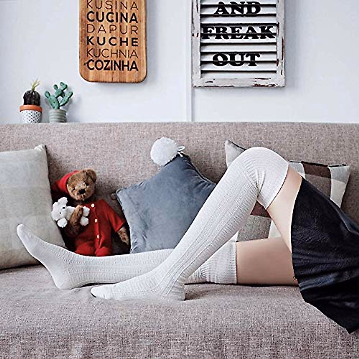 Century Star Women's Casual Athlete Striped Over Knee Thin Thigh High Tights Long Stocking Socks A 1 Pair Pure White One Size