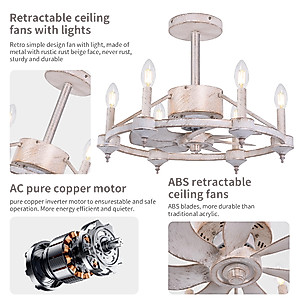 KINGTORO Rustic White Chandelier Ceiling Fans with Lights, 20.5" Wagon Wheel Chandelier,Adjustable Height,3 speeds,Fandelier with Lights and Remote for Kitchen Dining Room Living Room