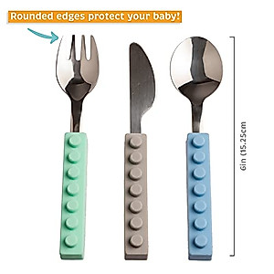 Upward Baby Kids Utensils Set - Lego Interlocking 6 Piece Sensory Spoons and Forks for Self-Feeding - Toddler Silverware - Fun Stainless Steel Utensils for Toddlers - 12 Months Old + Baby Led Weaning