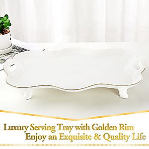 DUJUST Porcelain Serving Tray with Handles, Luxury British Style Coffee Table Tray with Golden Rim, Beautiful Tea Tray Decor for Living Room, Easy to Use & Clean