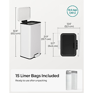 SONGMICS Kitchen Trash Can, 10.5 Gallon (40 L) Garbage Can, Large Step Trash Bin with Lid, Stainless Steel, Soft Close, 15 Trash Bags Included, White ULTB540W40