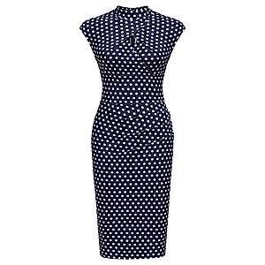 Miusol Women's Business Slim Style Ruffle Work Pencil Dress(X-Large, Navy Blue Polka Dot)