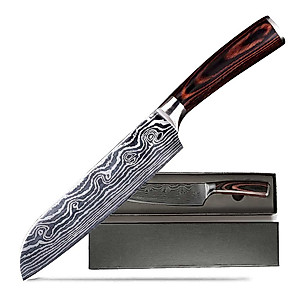 Damascus Chef Knife Set. Professional Japanese High Carbon Steel. 7Cr17mov Blade. Ergonomic comfort Woden Handle. 7 Inch