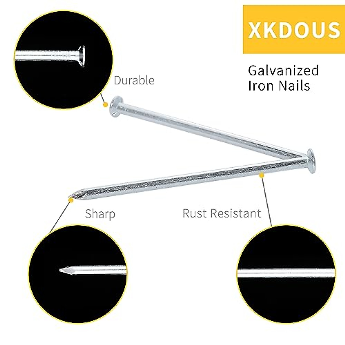 XKDOUS 722pcs 6 Sizes Hardware Nails Assortment Kit, Up to 3"-Long Galvanized Nails, Small Nails,Wood Nails, Wall Nails for Hanging Pictures