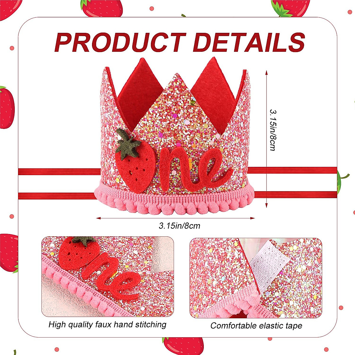 PEUTIER Strawberry 1st Birthday Hat for Baby Girls, Pink Sequin Berry Headwear First Birthday Decoration Sweet One 1st Birthday Headband for Baby Shower Party Decor Photo Props
