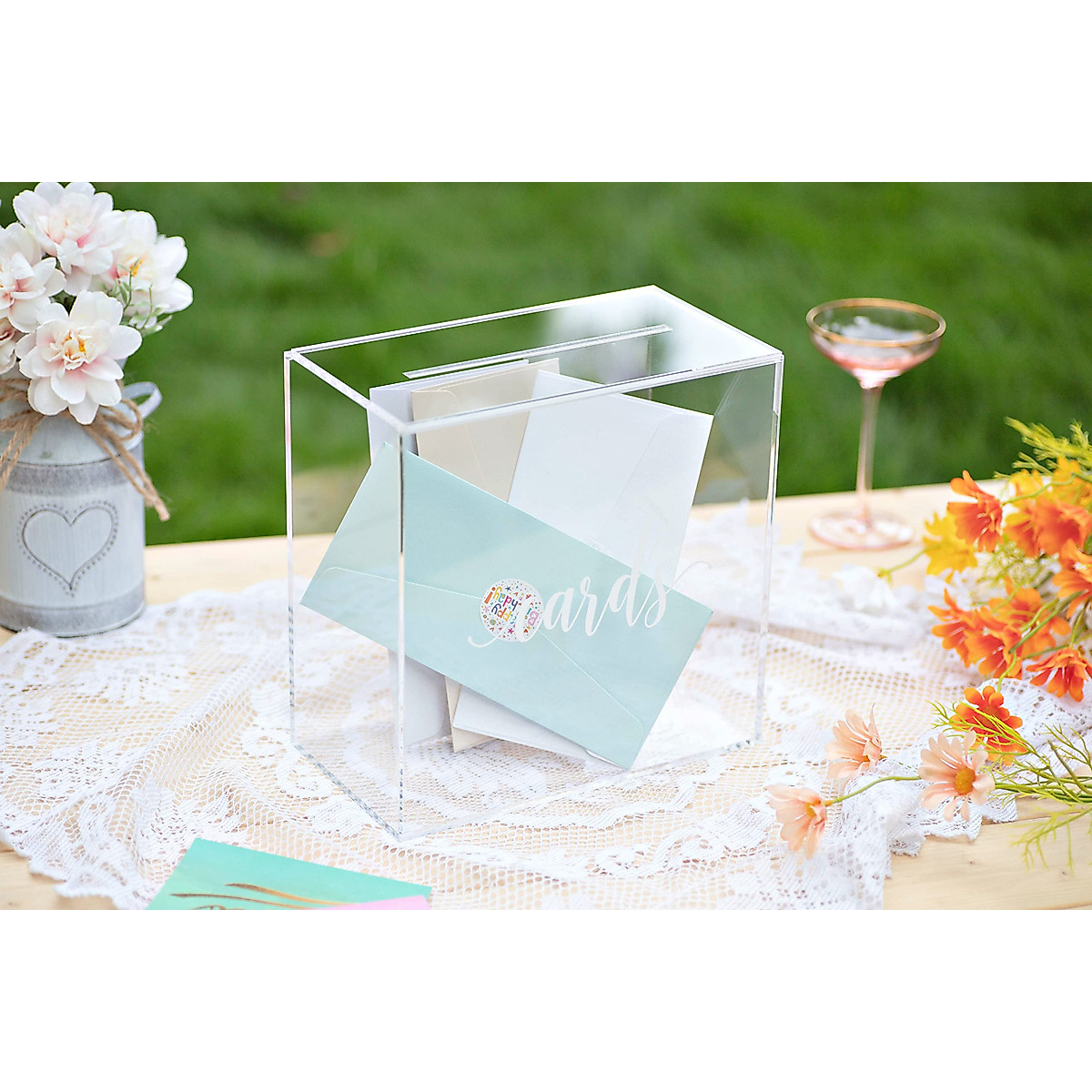 UNIQOOO Clear Acrylic Card Box w/Slot, Thick DIY Wedding Box Blank White Print, Large 10x10x5.5 in, for Reception Decoration Fundraiser Money Box Election Ballot Graduation Keepsake Party Favor