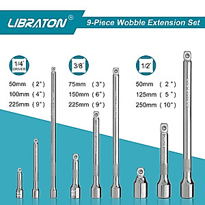 Libraton Wobble Extension Set 1/4'' 3/8'' 1/2'', Wobble Socket Extension, Extension Set, Wobble Socket Extension Set, Drive Socket Extension Bars 9PCs (Cr-V) with Chrome Plated in EVA Storage Tray