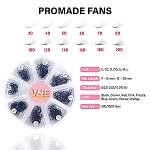 VNE Eyelashes 500 Fans Tray Volume Lash Extensions Mixed length | Premade Fans Eyelash Extensions | Mega Lash Extension | Promades Eyelash Fans | 3D, CC Curl, 9-16mm,