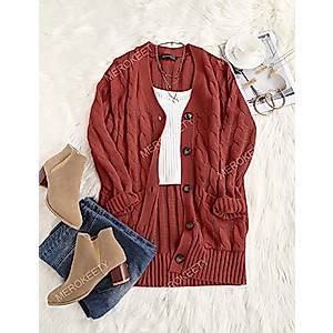 MEROKEETY Women's 2023 Fall Long Sleeve Cable Knit Sweater Open Front Cardigan Button Loose Outerwear Rust
