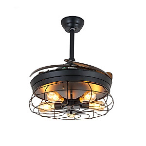 OUKANING Ceiling Fan with Light Industrial Ceiling Fan Retractable Blades Vintage Cage Chandelier Fan with Remote Control-5 Edison Bulbs Needed Not Included (36 Inch)
