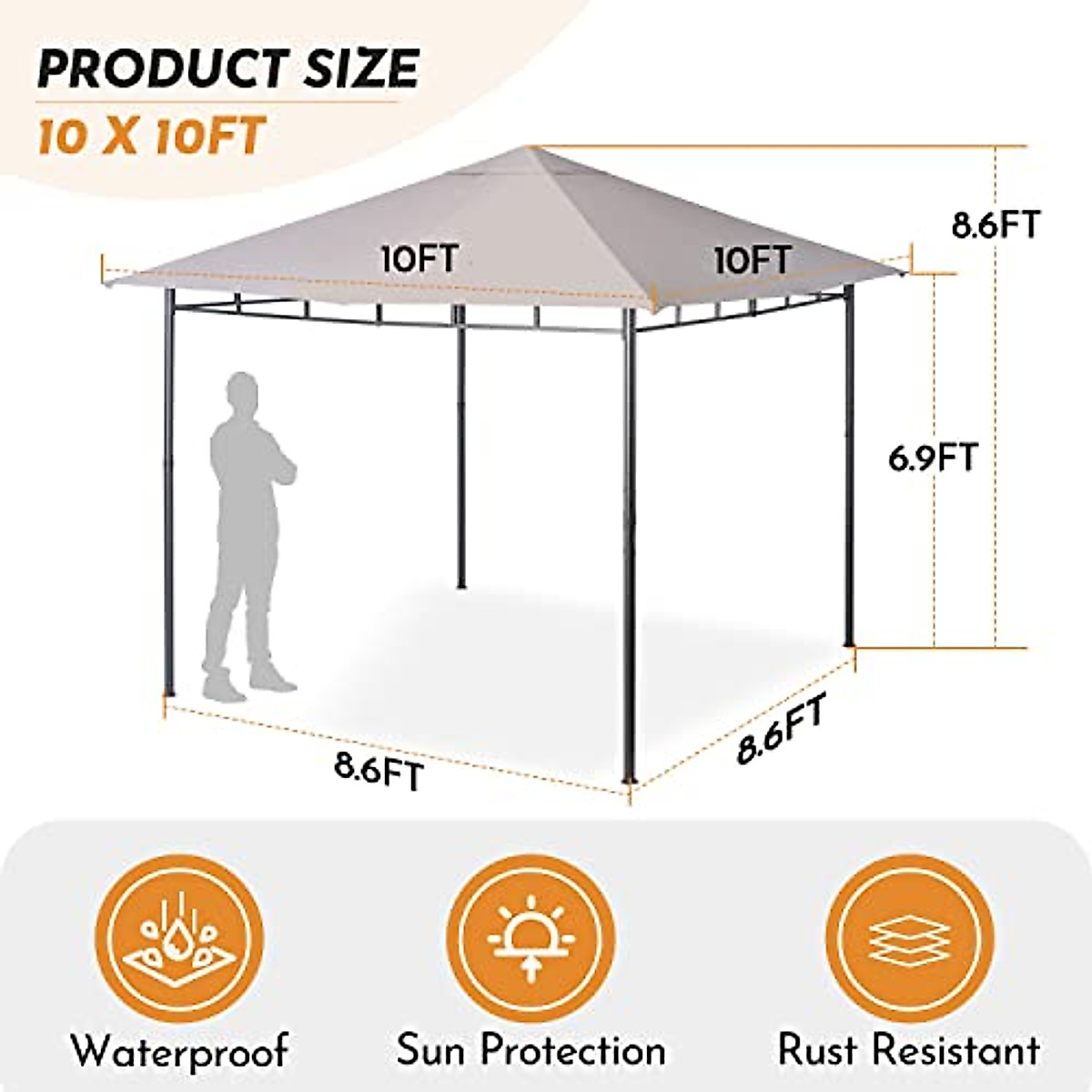 Warmally 10x10 Grill Gazebo Canopy Tent, Outdoor Single Soft-Top Canopy, BBQ Tent for Deck, Lawn, Gardens, Backyard and Party(Light Grey)