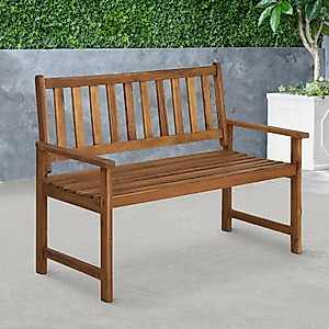 Yewuli Patio Bench Park Garden Bench Acacia Wood Outdoor Bench with Armrests, 350Lbs Weight Capacity Wooden Furniture Front Porch Chair Bench for Pool Beach Backyard Balcony Porch Deck