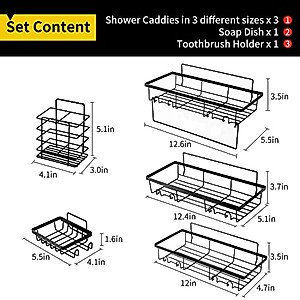 Black Bathroom Shower Caddy Shelf Adhesive, Stainless Steel In Shower Storage Rack Bathroom Organizer Shower, Rust Proof Shower Caddies Shelves Dorm College with Soap Dish Toothbrush holder (5 Pack)